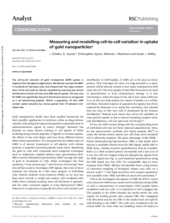 (PDF) Measuring and modelling cell-to-cell variation in uptake of gold nanoparticles | Karen J ...