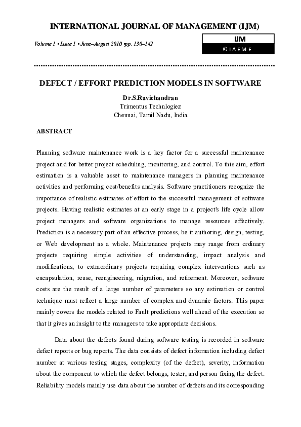 (PDF) DEFECT / EFFORT PREDICTION MODELS IN SOFTWARE INTERNATIONAL ...