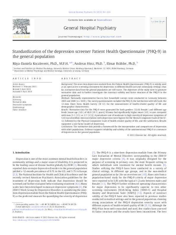 Standardization of the depression screener Patient Health Questionnaire ...
