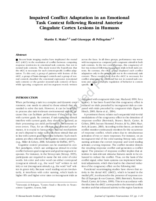 (PDF) Impaired Conflict Adaptation in an Emotional Task Context following Rostral Anterior ...