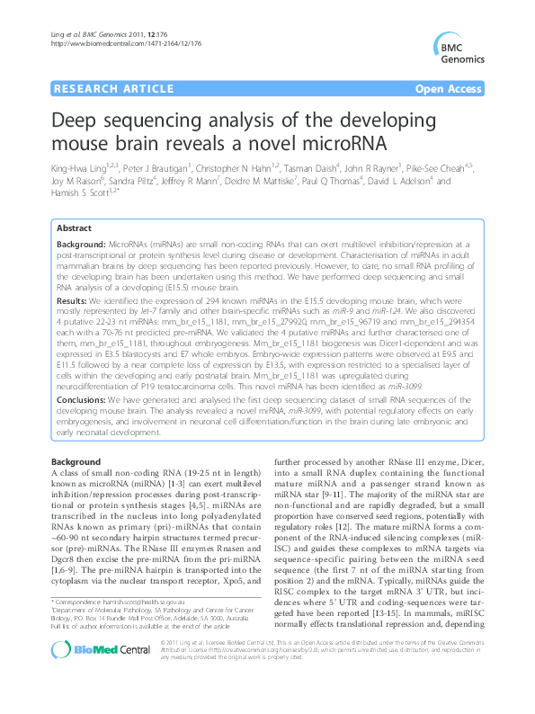 (PDF) Deep sequencing analysis of the developing mouse brain reveals a novel microRNA