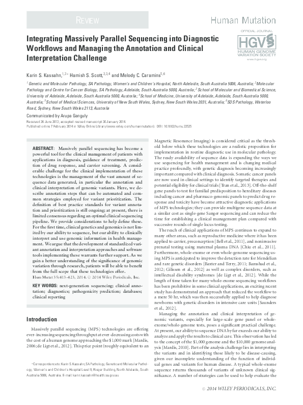 (PDF) Integrating Massively Parallel Sequencing into Diagnostic Workflows and Managing the ...