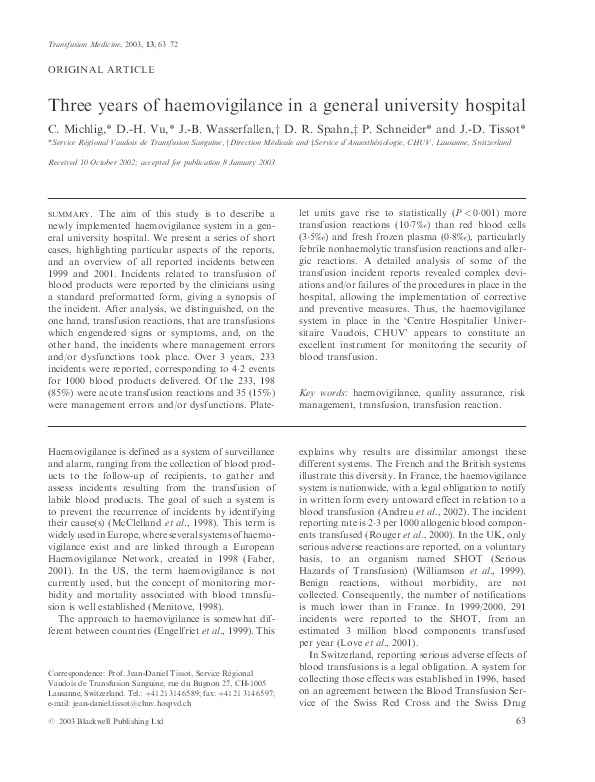 (PDF) Three years of haemovigilance in a general university hospital