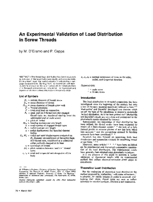 (PDF) An experimental validation of load distribution in screw threads