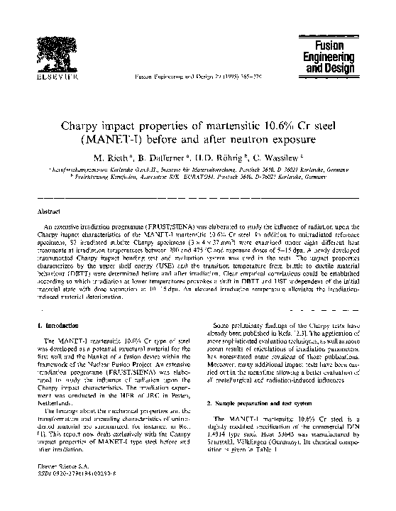 (PDF) Charpy impact properties of martensitic 10.6% Cr steel (MANET-I ...