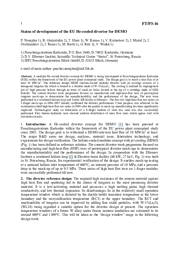 (PDF) Status of development of the EU He-cooled divertor for DEMO ...