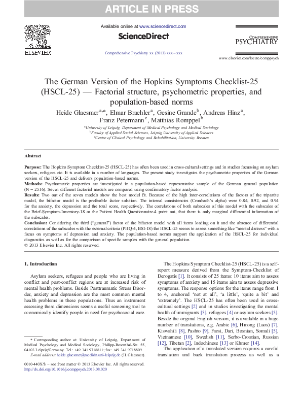 The German Version of the Hopkins Symptoms Checklist-25 (HSCL-25 ...