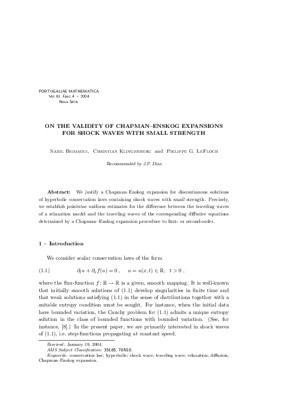 (PDF) On the validity of Chapman-Enskog expansions for shock waves with small strength