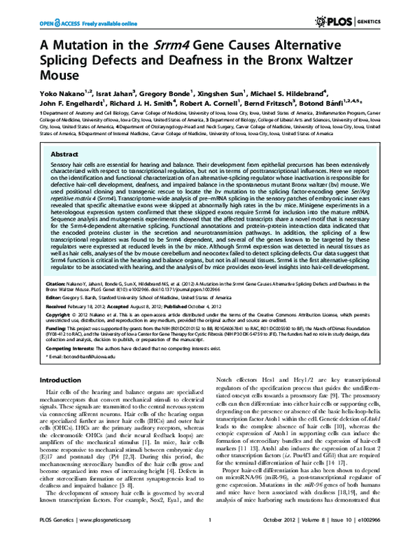 (PDF) A Mutation in the Srrm4 Gene Causes Alternative Splicing Defects ...
