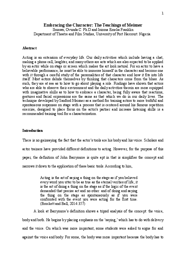 (DOC) Embracing The Character: The Teachings of Sanford Meisner
