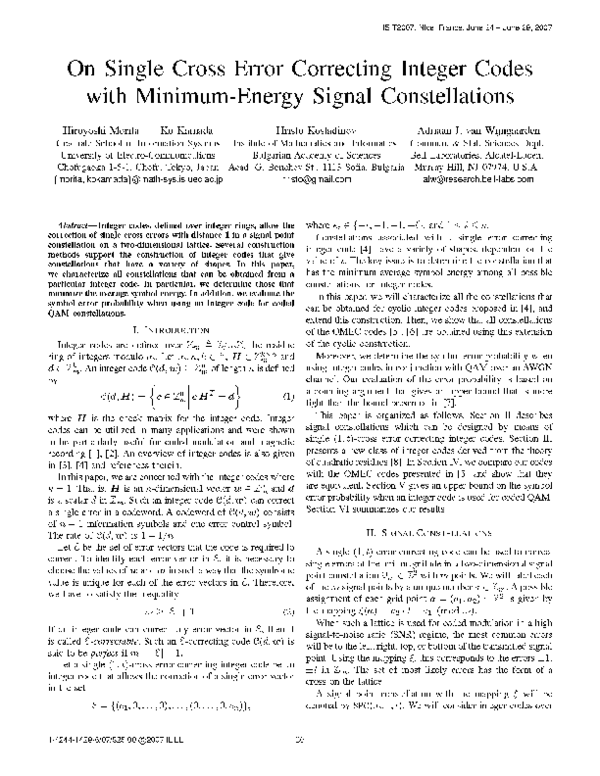 Pdf On Single Cross Error Correcting Integer Codes With Minimum Energy Signal Constellations