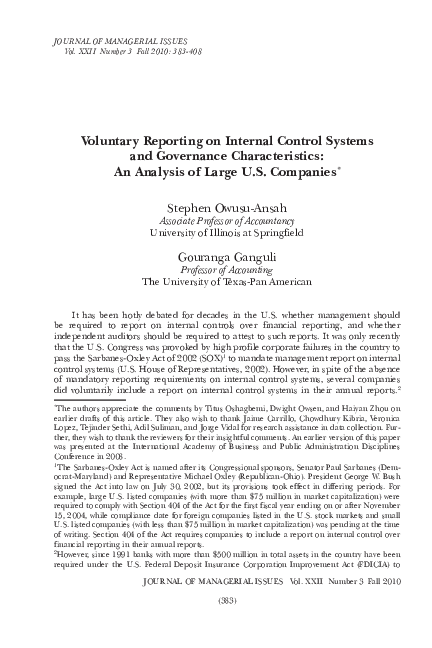 (PDF) Voluntary Reporting on Internal Control Systems and Governance ...