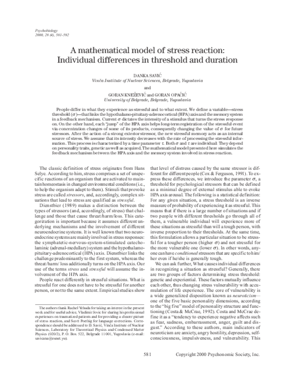 (PDF) A mathematical model of stress reaction: Individual differences ...