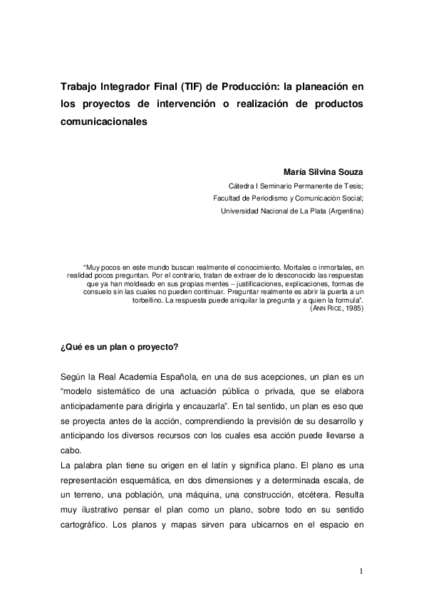 (PDF) Trabajo Integrador Final (TIF) de Producción: la planeación en ...