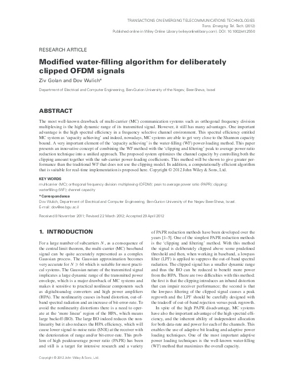 (PDF) Modified water-filling algorithm for deliberately clipped OFDM signals