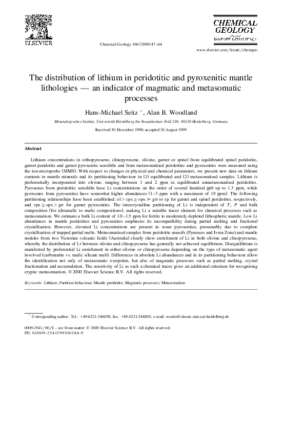 (PDF) The distribution of lithium in peridotitic and pyroxenitic mantle ...