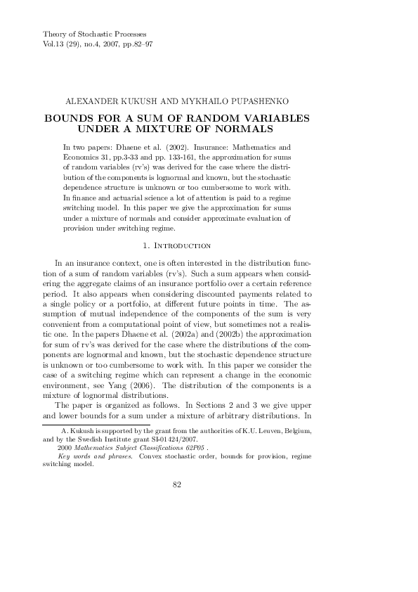 (PDF) Bounds for a Sum of Random Variables Under a Mixture of Normals 2