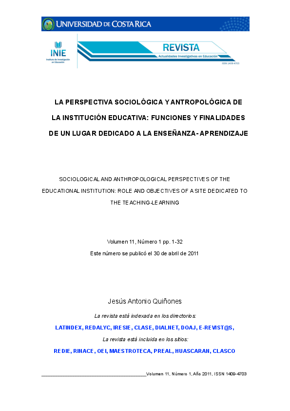 (PDF) La perspectiva sociológica y antropológica de la institución educativa: funciones y ...
