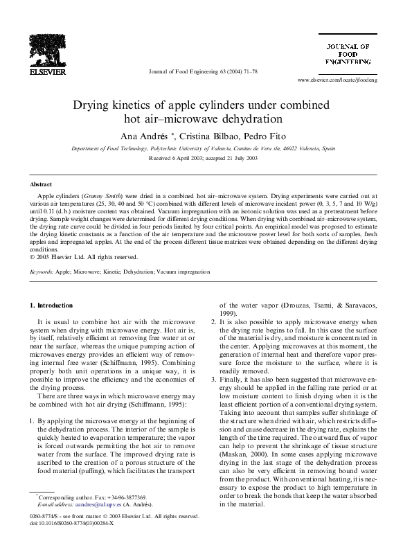 (PDF) Drying kinetics of apple cylinders under combined hot air–microwave dehydration | Ana ...