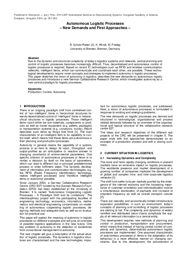 (PDF) Autonomous logistic processes: New demands and first approaches