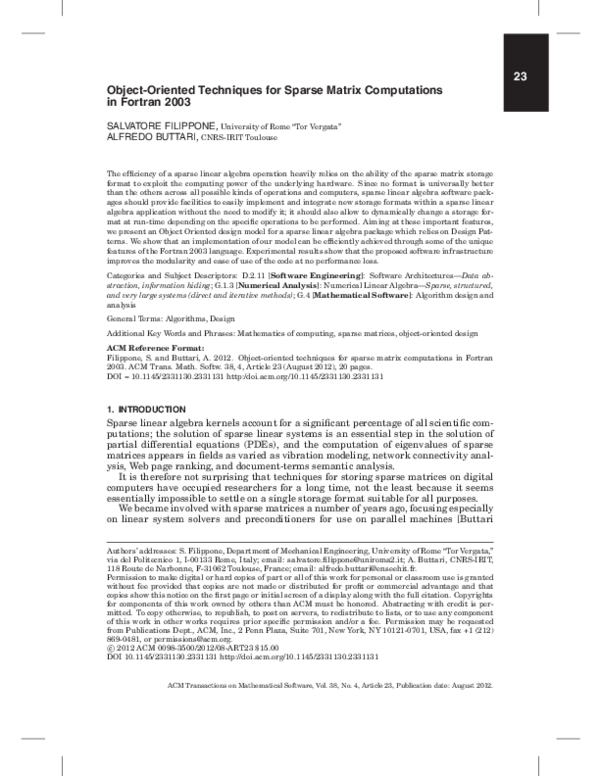 Pdf Object Oriented Techniques For Sparse Matrix Computations In Fortran 2003 Salvatore