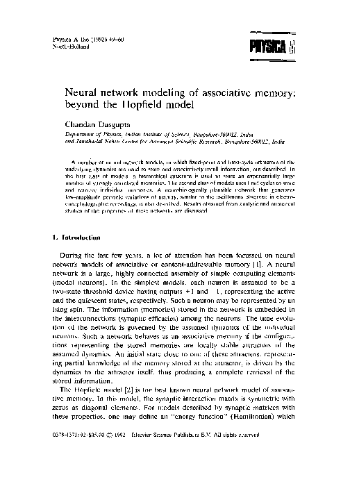 (PDF) Neural network modeling of associative memory: Beyond the Hopfield model