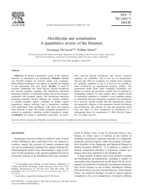 (PDF) Alexithymia and somatisation