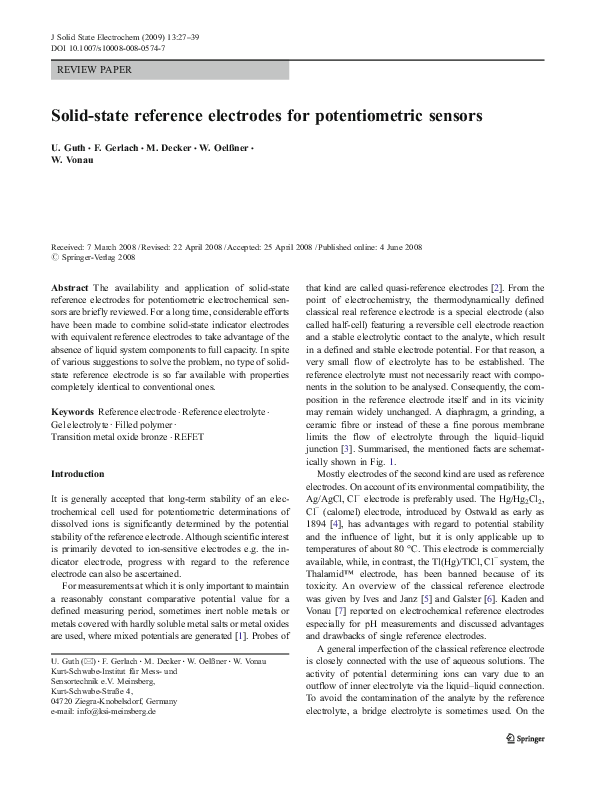 Pdf Solid State Reference Electrodes For Potentiometric Sensors