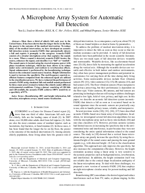 Pdf A Microphone Array System For Automatic Fall Detection 