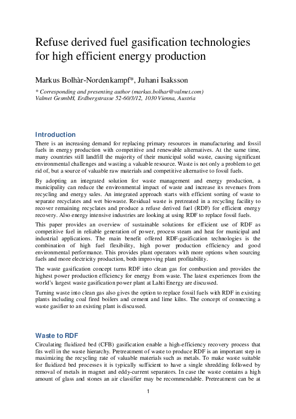 (PDF) Refuse derived fuel gasification technologies for high efficient ...
