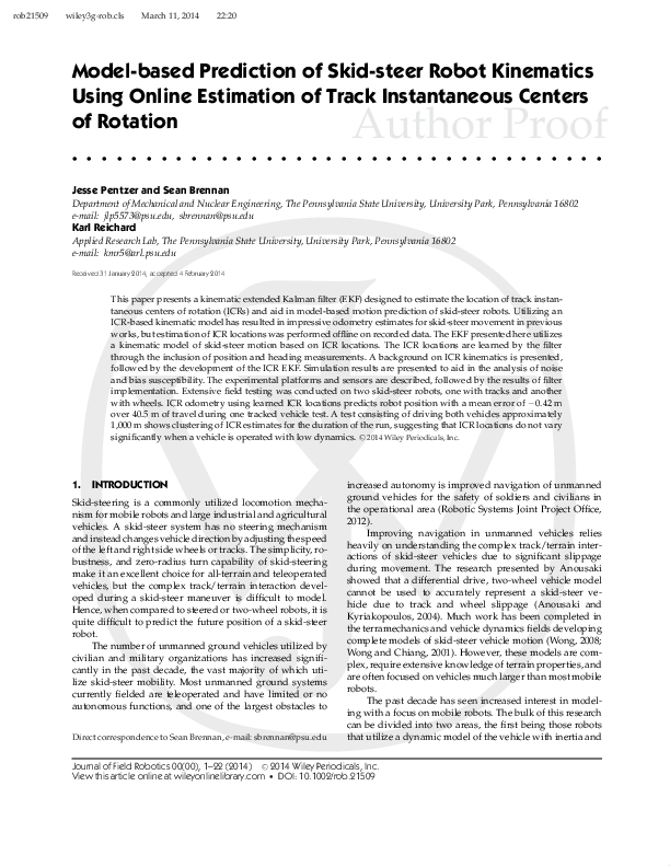 (PDF) Model‐based Prediction of Skid‐steer Robot Kinematics Using Online Estimation of Track ...