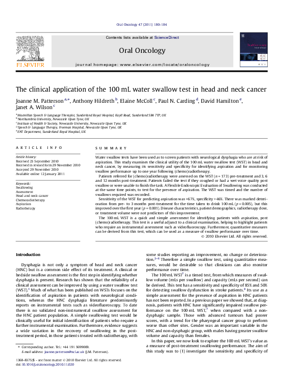 (PDF) The clinical application of the 100mL water swallow test in head ...