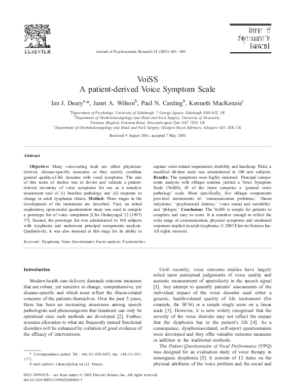 (PDF) VoiSS: a patient-derived Voice Symptom Scale