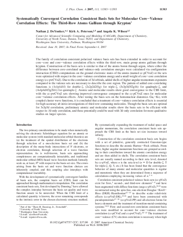 Pdf Systematically Convergent Correlation Consistent Basis Sets For