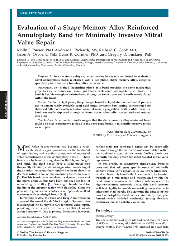 (PDF) Evaluation of a Shape Memory Alloy Reinforced Annuloplasty Band for Minimally Invasive ...