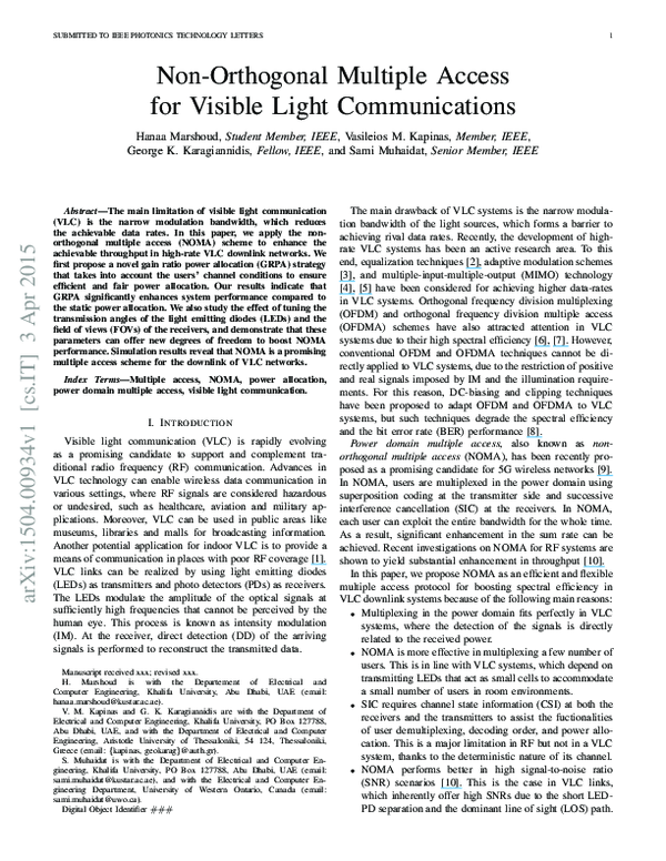 (PDF) Non-Orthogonal Multiple Access for Visible Light Communications