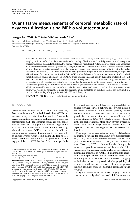 (PDF) Quantitative measurements of cerebral metabolic rate of oxygen ...