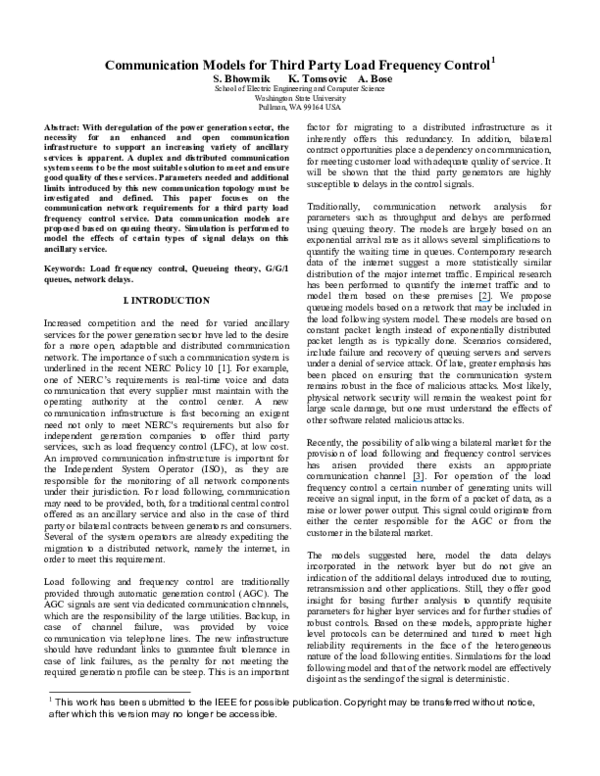(PDF) Communication Models for Third Party Load Frequency Control