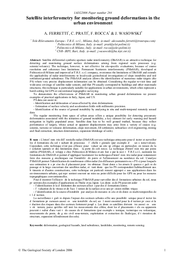 Pdf Satellite Interferometry For Monitoring Ground Deformations In The Urban Environment