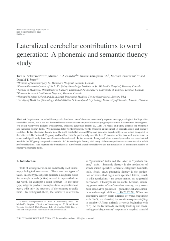 (PDF) Lateralized Cerebellar Contributions to Word Generation: A ...