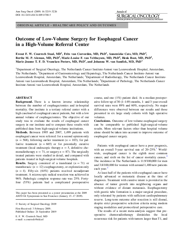 (PDF) Outcome of Low-Volume Surgery for Esophageal Cancer in a High ...