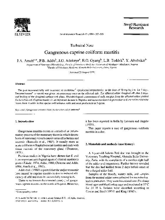 (PDF) Gangrenous caprine coliform mastitis