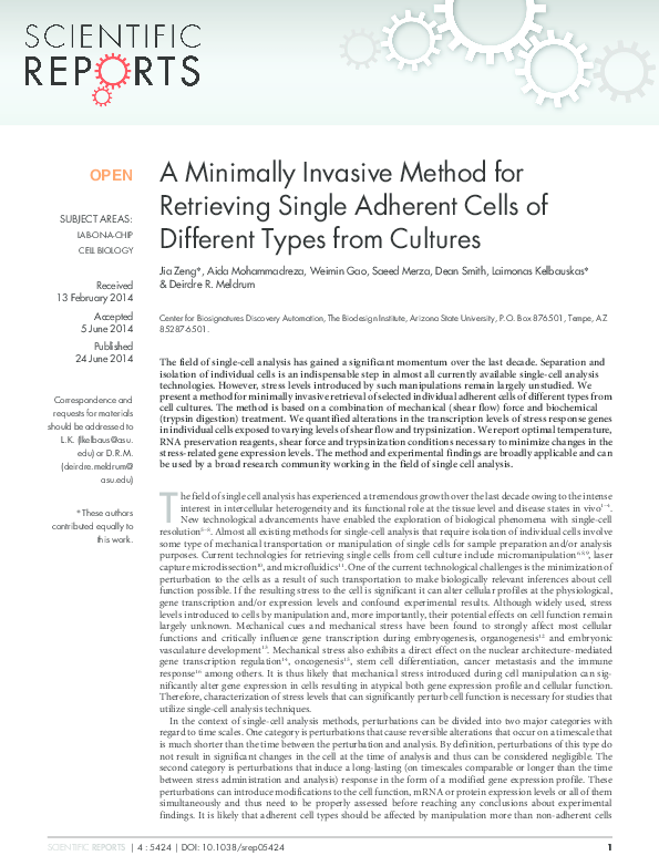 Pdf A Minimally Invasive Method For Retrieving Single Adherent Cells 