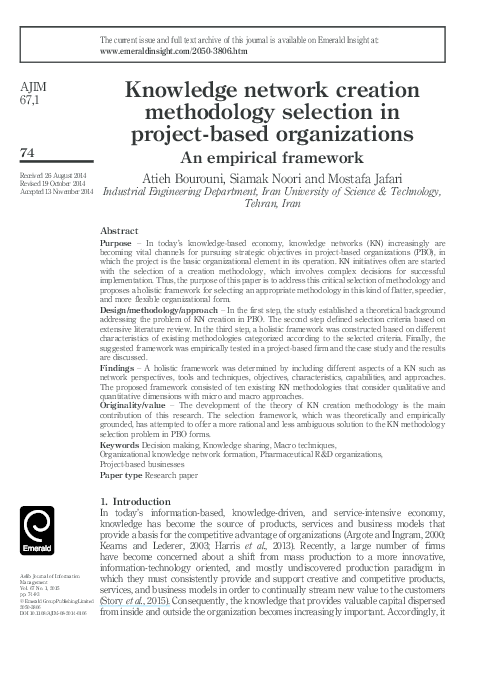 (PDF) Knowledge network creation methodology selection in project-based organizations