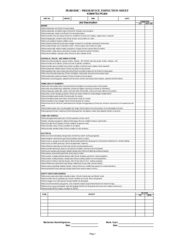 (PDF) PERIODIC / PRESERVICE INSPECTION SHEET KOMATSU PC200