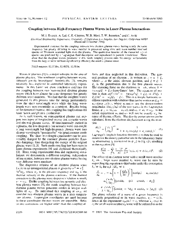 (PDF) Coupling between High-Frequency Plasma Waves in Laser-Plasma ...