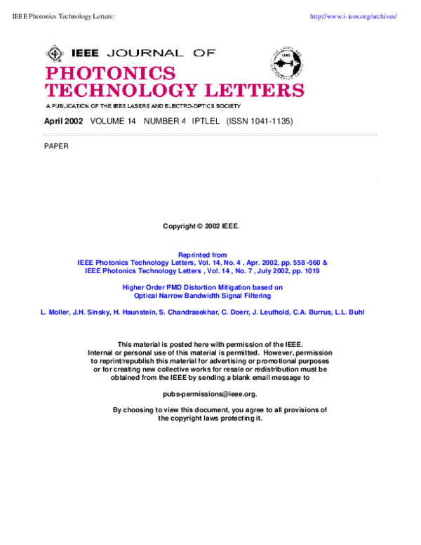 Pdf Higher Order Pmd Distortion Mitigation Based On Optical Narrow Bandwidth Signal Filtering
