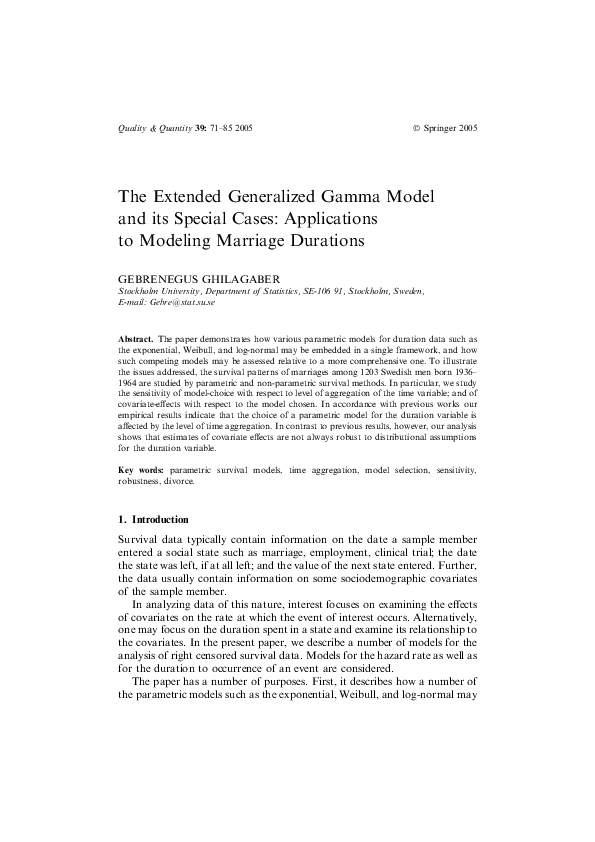 (PDF) The Extended Generalized Gamma Model and its Special Cases ...