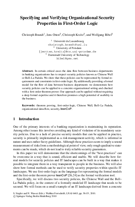 (PDF) Specifying and Verifying Organizational Security Properties in First-Order Logic
