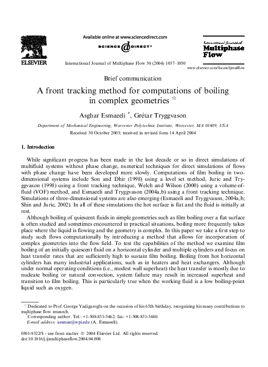 (PDF) A front tracking method for computations of boiling in complex geometries